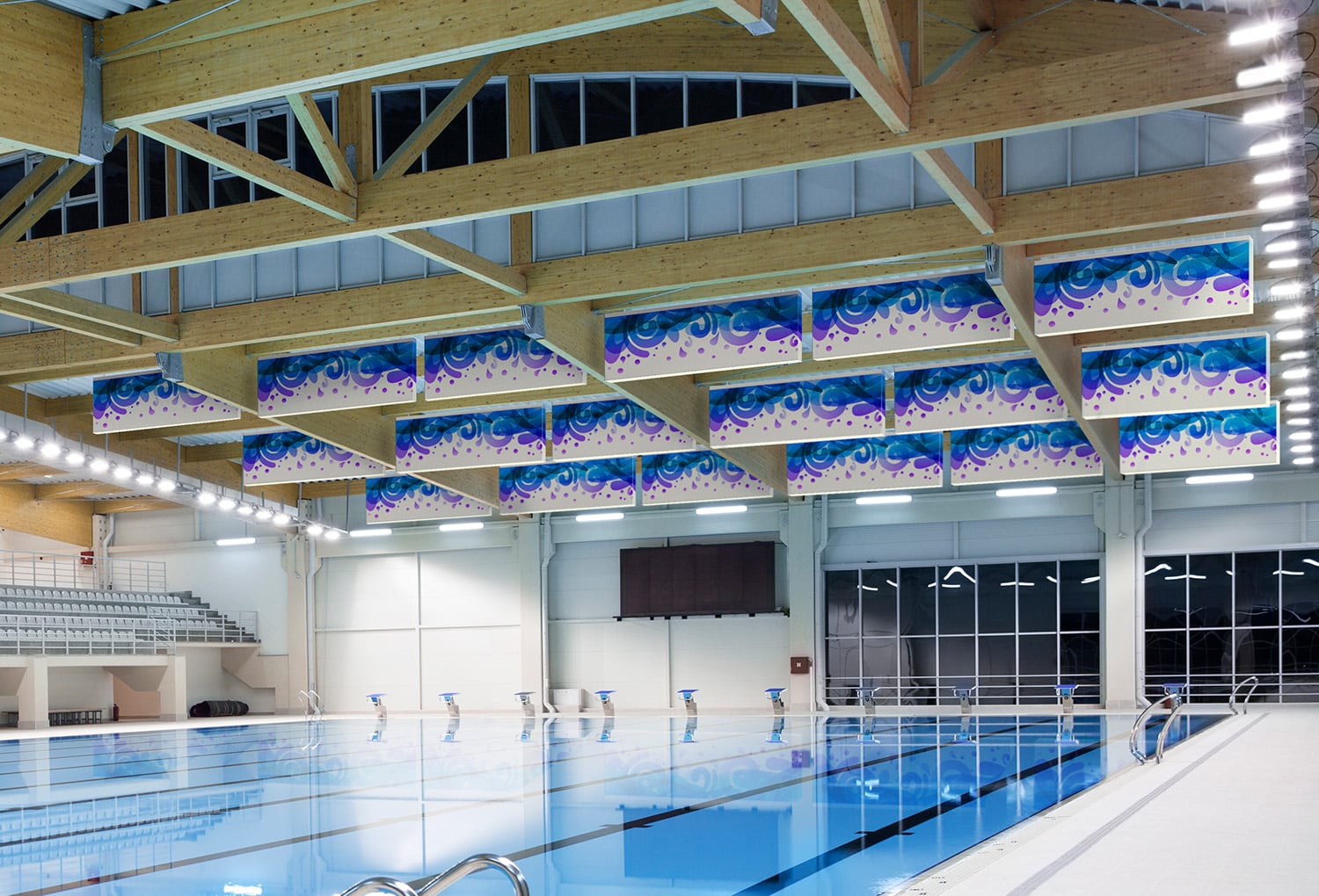 Plafond baffle zwembad voor verbetering akoestiek